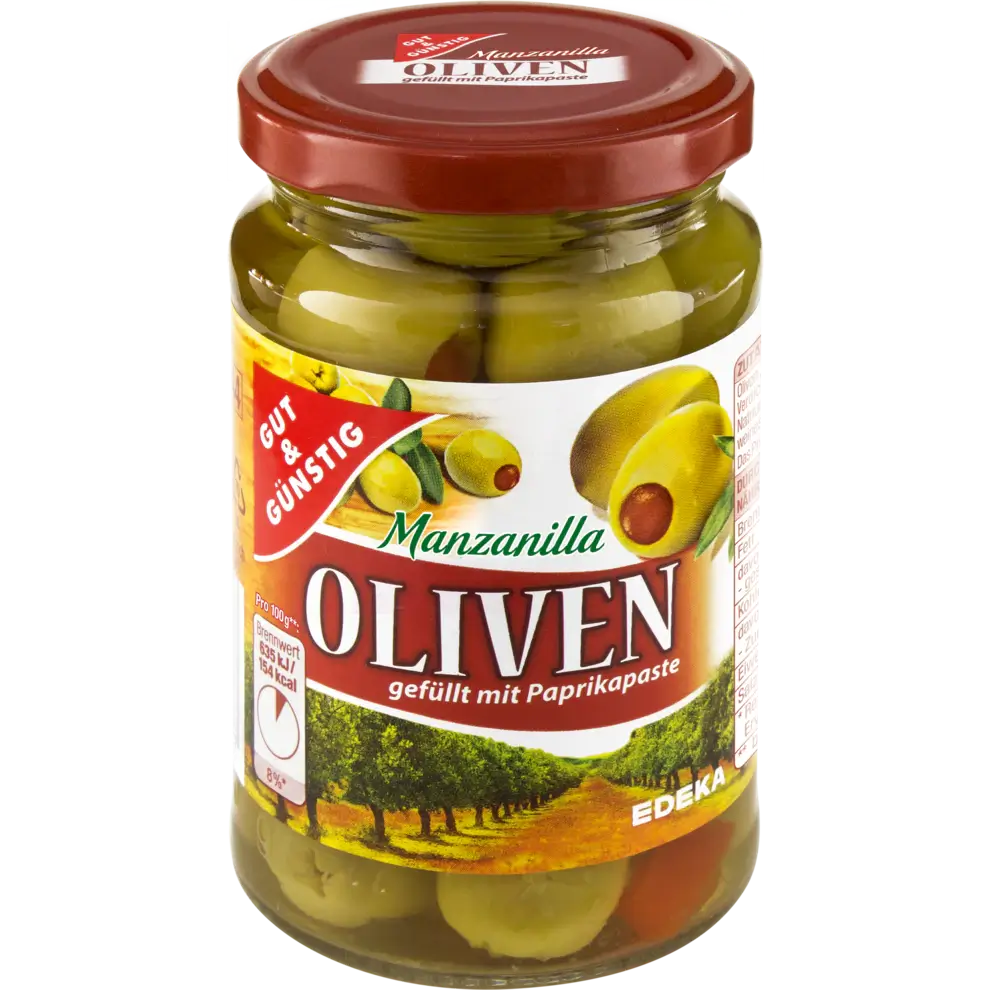 G+G - Olives green with Paprika Paste - 340 g glass / Gruene Oliven mi ...